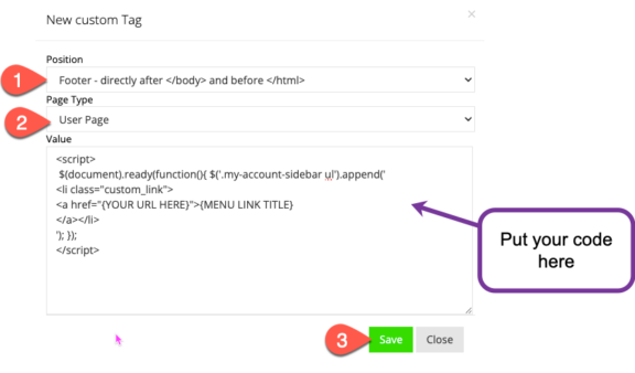 Adding link to the User Account sidebar menu using JavaScript